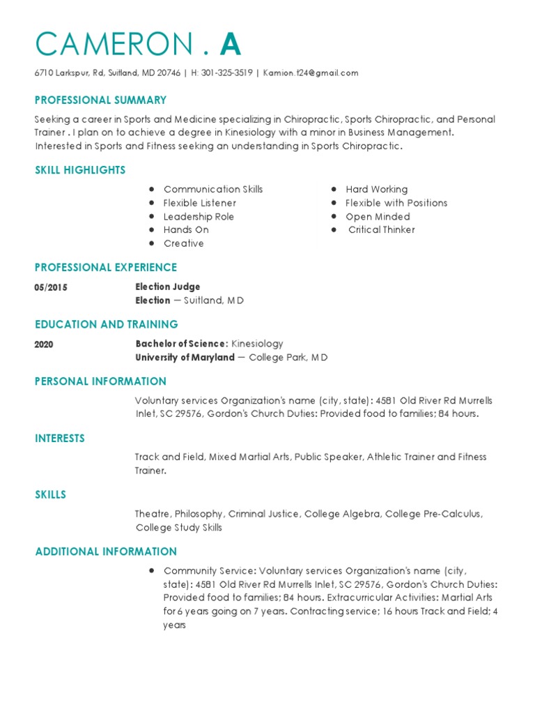 Cameron A Resume 1 | PDF | Self-Improvement