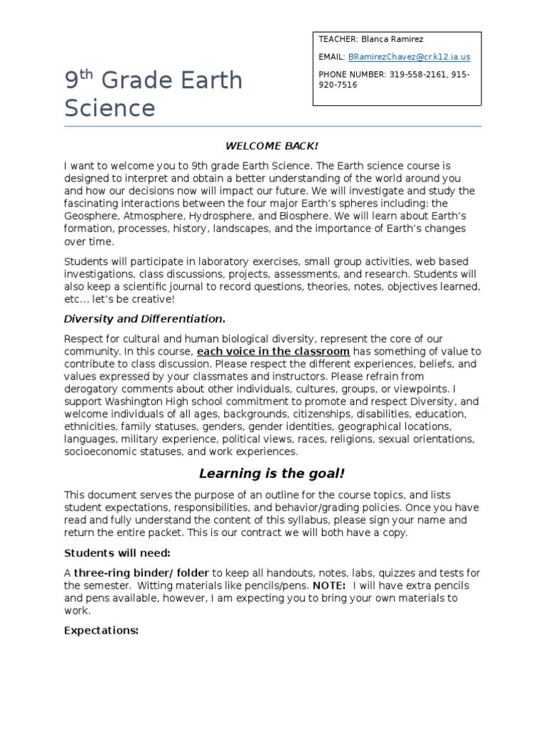 9th Grade Earth Science Syllabus | PDF | Climate | Weather