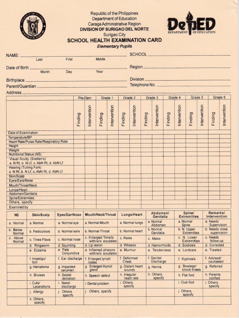 School Health Examination Card Template | PDF | Human Tooth | Dentistry