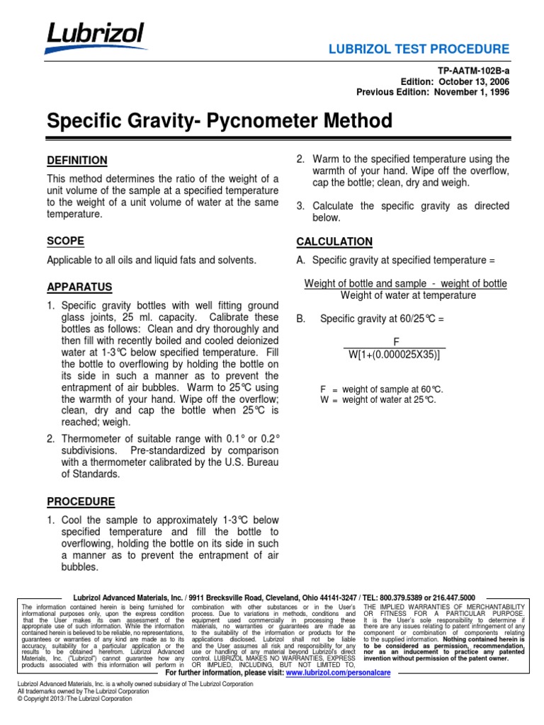 Specific Gravity-Pycnometer Method: Lubrizol Test Procedure | PDF ...