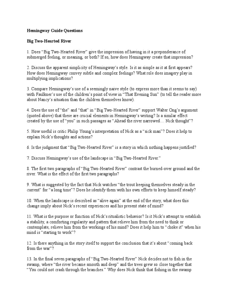 Hemingway Analysis: Big Two-Hearted River & Soldier's Home | PDF ...