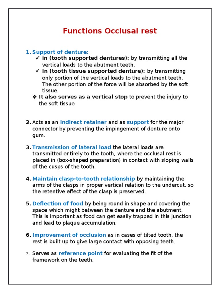 Functions Occlusal Rest: 1. Support of Denture | PDF