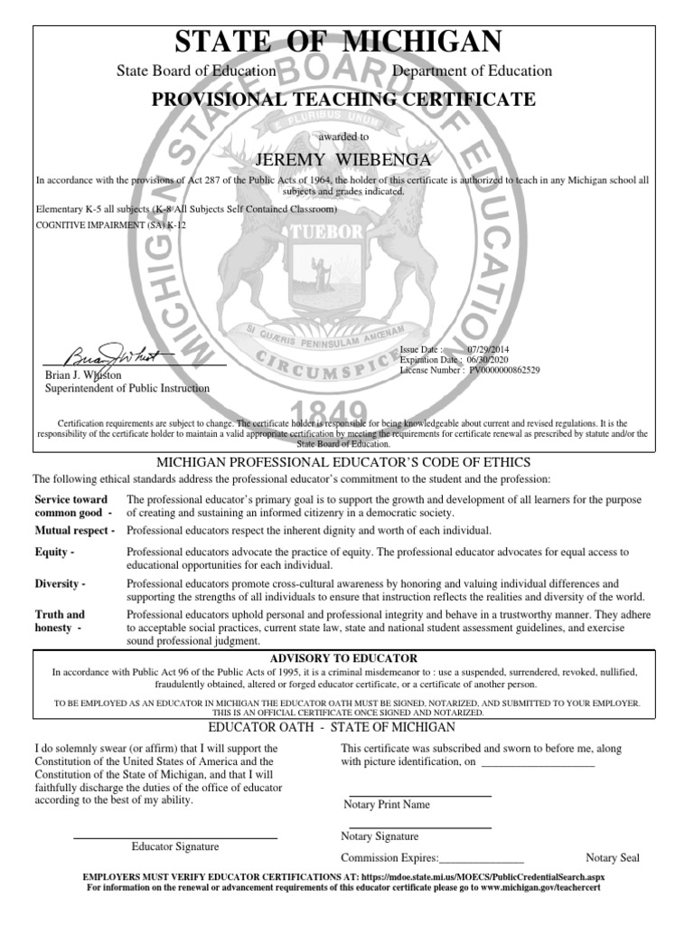 Jeremy Teacher Cert | PDF | Notary Public | Teachers