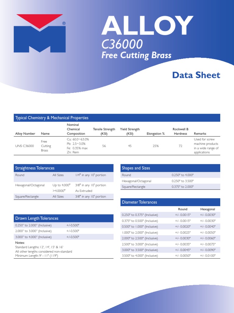 C36000 Free Cutting Brass Properties | PDF | Machining | Brass