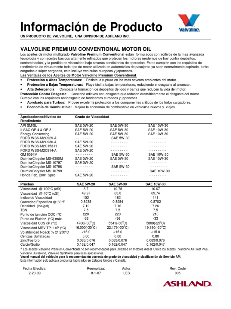 Ficha de Seguridad Aceite Valvoline | PDF | Turbocompresor | Petróleo