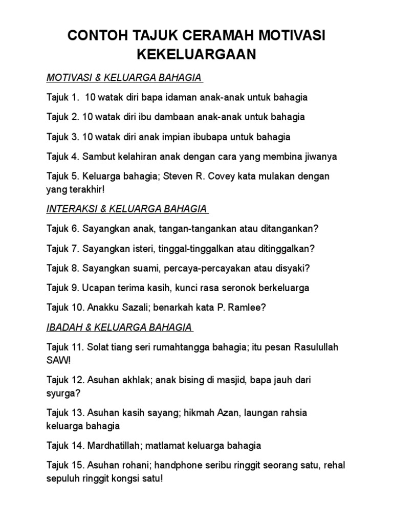 Contoh Tajuk Ceramah Motivasi Kekeluargaan