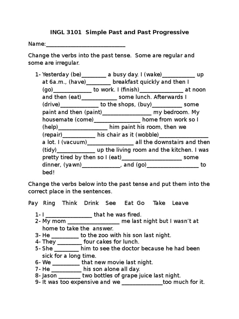 INGL 3101 Simple Past and Past Progressive Exercises | PDF