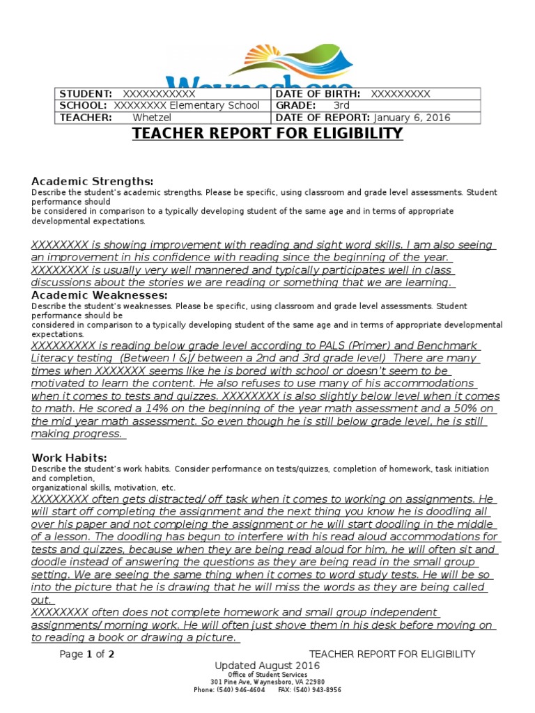 Elegibility Report Example | PDF | Homework | Educational Assessment