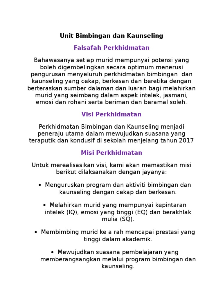 VISI DAN MISI Unit Bimbingan Dan Kaunseling | PDF