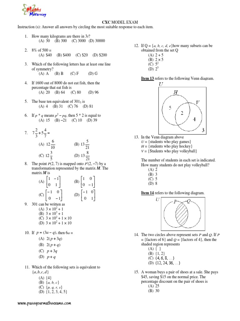 CXC Model Exam Practice Questions | PDF