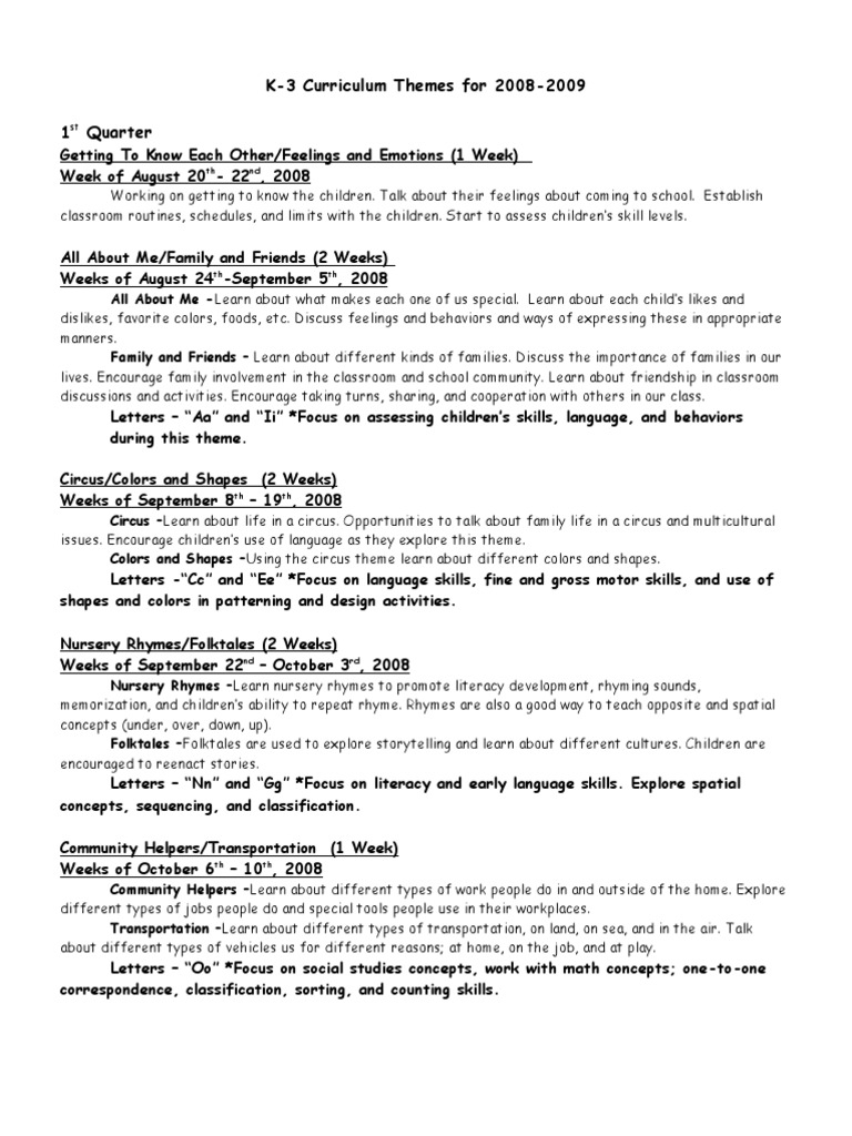 K-3 Curriculum Themes For 2008-2009 1 Quarter: TH ND | PDF | Teaching ...