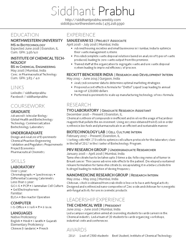 Resume Siddhant Prabhu | PDF | Biotechnology | Waste Management