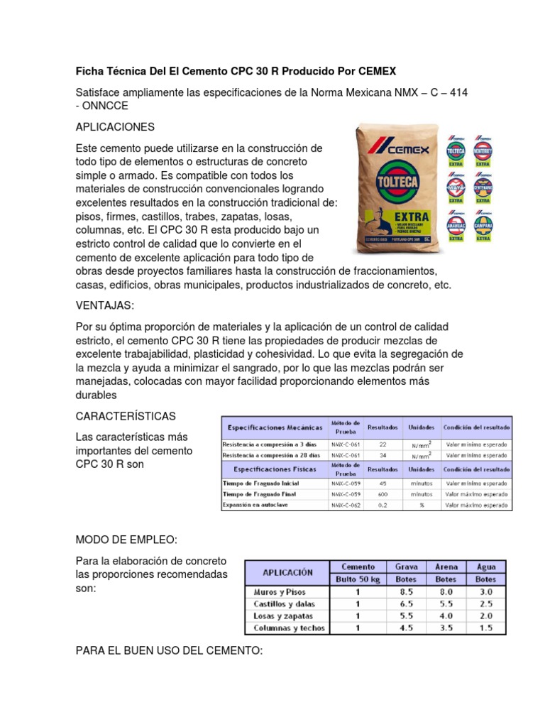 Ficha Técnica Cemento CPC 30 R CEMEX | PDF | Cemento | Hormigón
