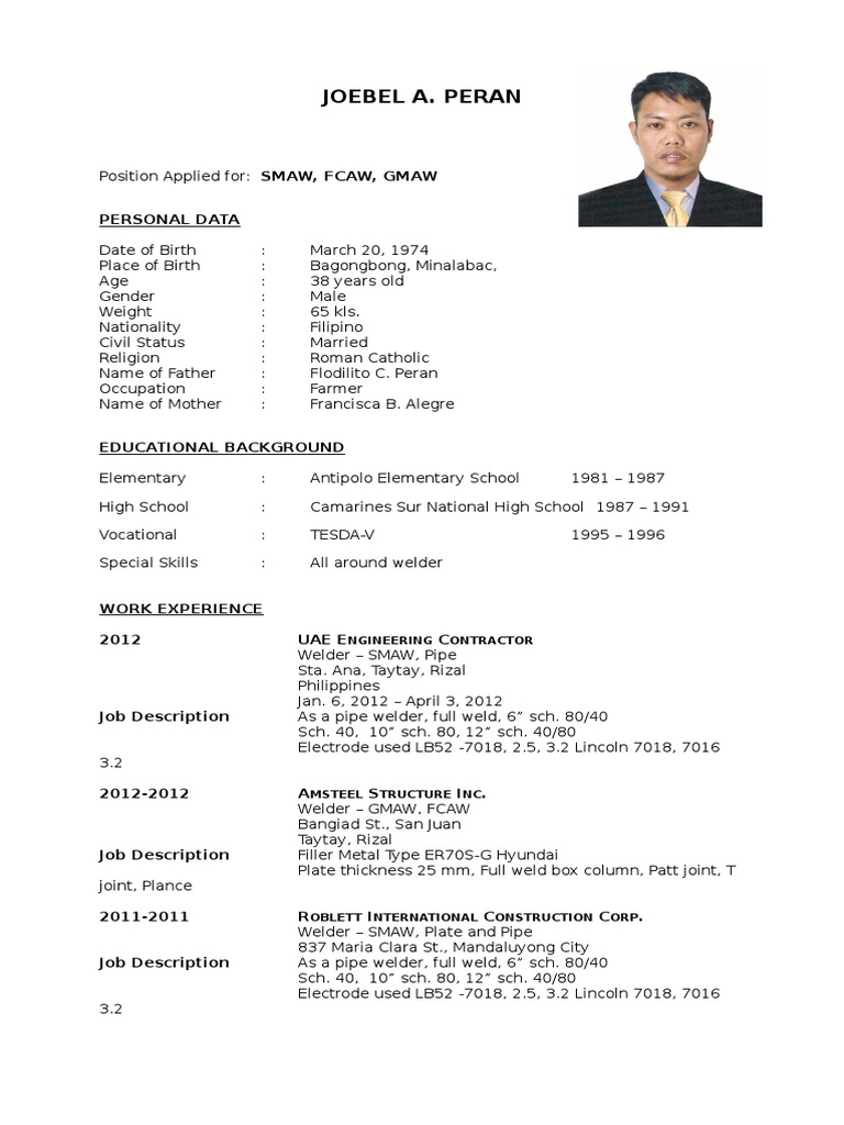 Joebel A. Peran | PDF | Welding | Construction