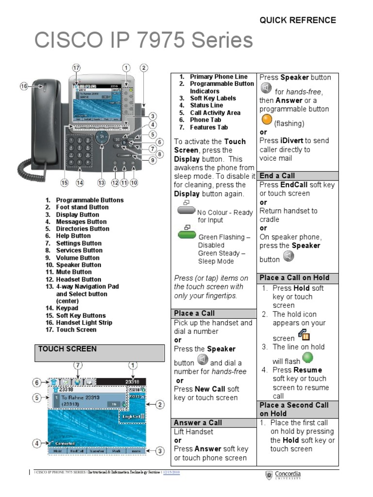 Cisco IP 7975 Series - Quick Refrence | Telephone | Telephone Number
