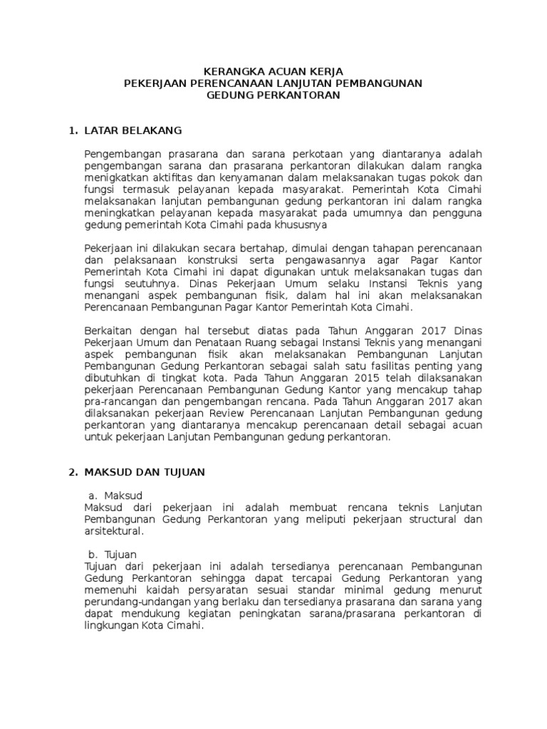 Kerangka Acuan Kerja Perencanaan Lanjutan Pembangunan Gedung Perkantoran | PDF