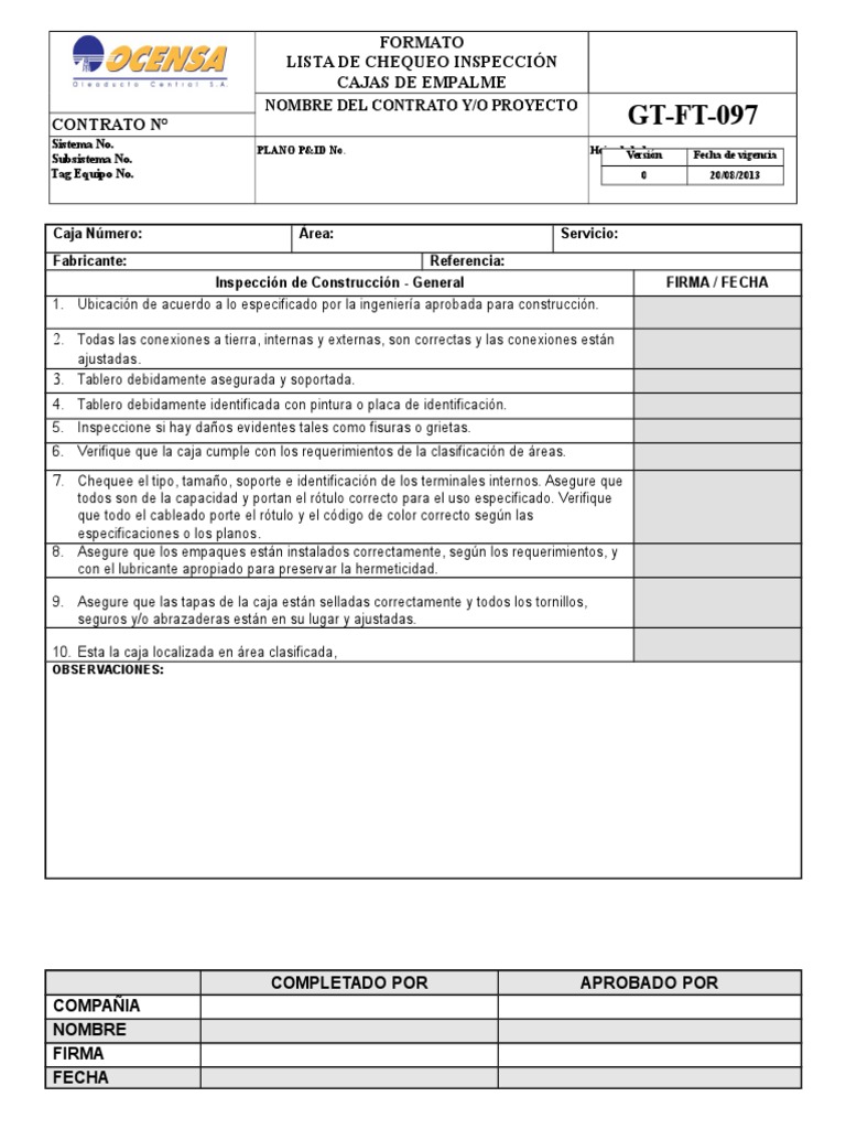 GT-FT-097 Formato Inspección de Cajas de Empalme | PDF