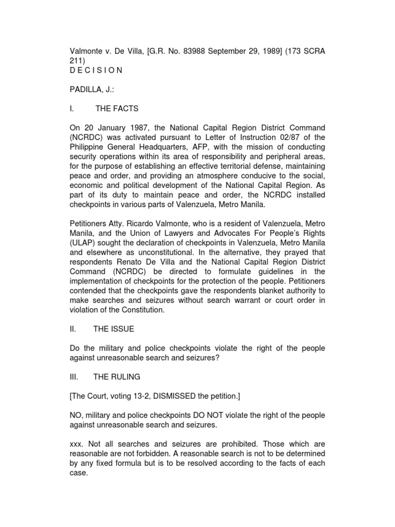Valmonte v. de Villa, (G.R. No. 83988 September 29, 1989) | PDF ...