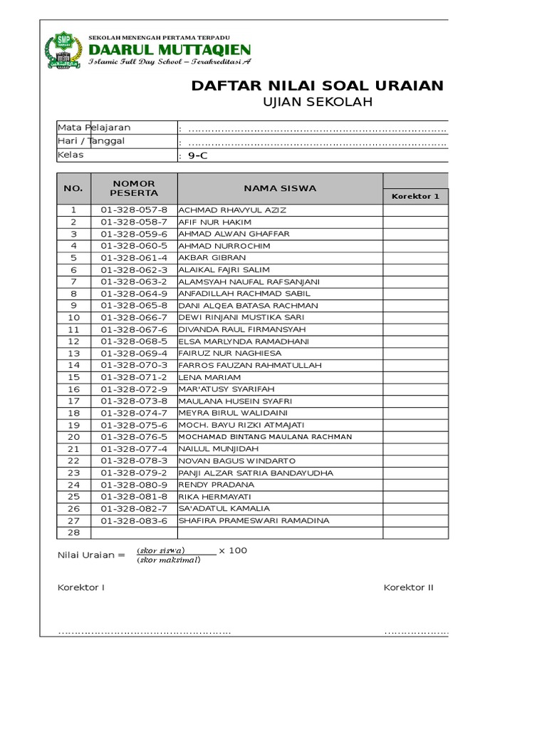 Daftar Nilai Ujian Sekolah Uraian | PDF