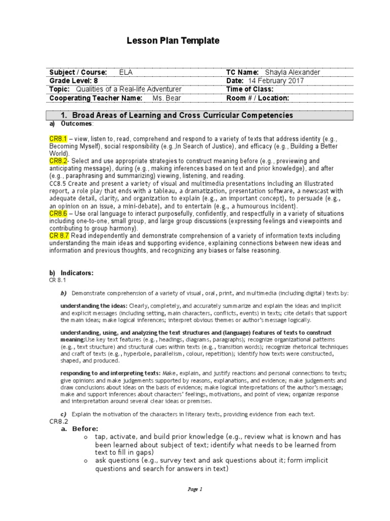 Lesson Plan Template: 1. Broad Areas of Learning and Cross Curricular ...