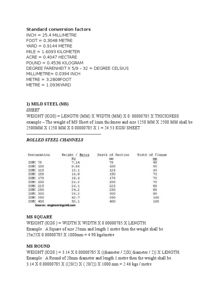 Standard conversion factors and weight calculations | PDF | Area | Welding