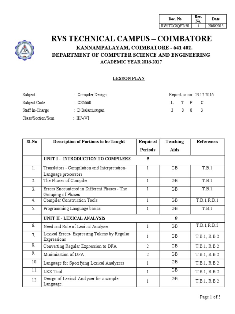 CS6660 Compiler Design Lesson Plan | PDF | Parsing | Compiler