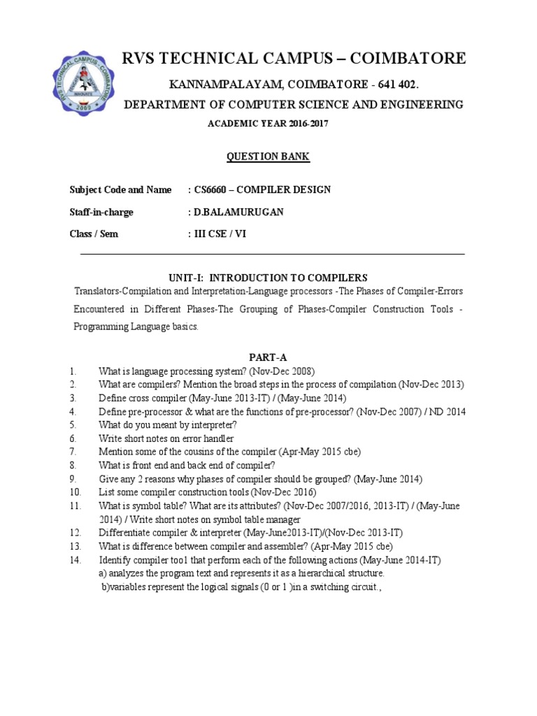 CS6660 Compiler Design Question Bank | PDF | Parsing | Compiler