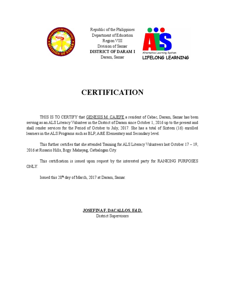 Certification of Als | PDF