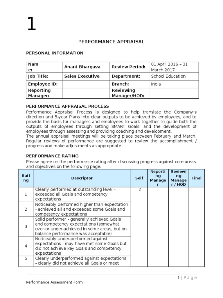 Performance Appraisal Form | Performance Appraisal | Goal
