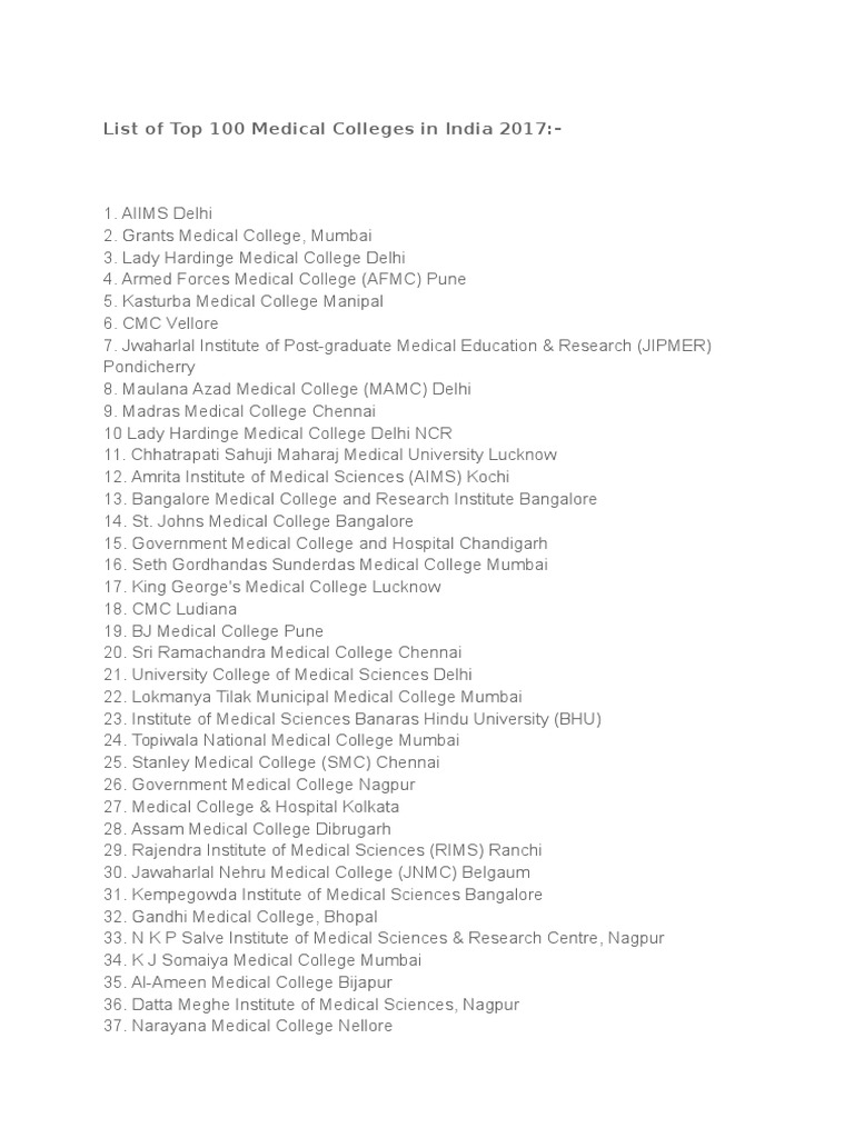List of Top 100 Medical Colleges in India 2017 | PDF | Wellness | Medical