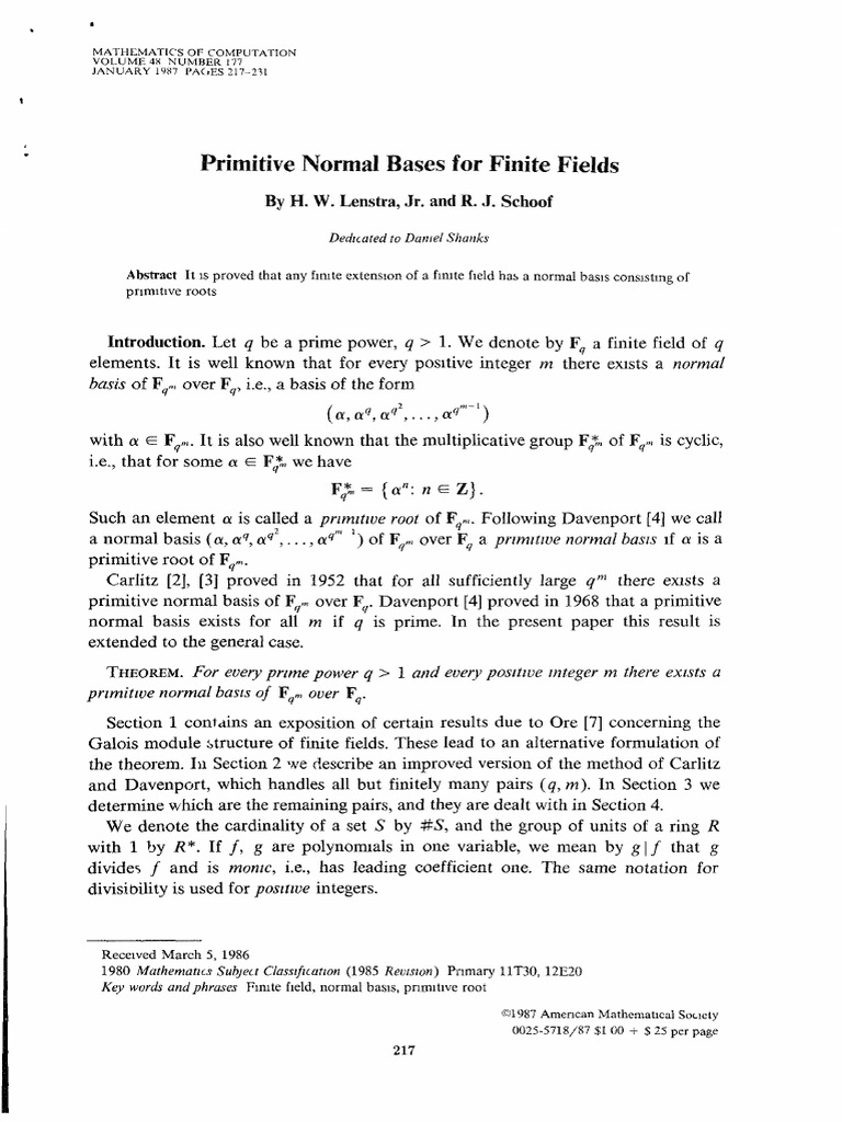 Primitive Normal Bases For Finite Fields: by H. W. Lenstra, Jr. and R. J. Schoof | PDF | Group ...