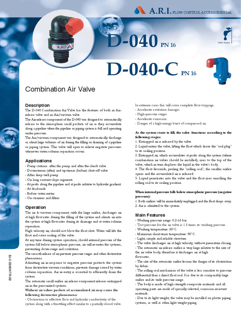 D-040 Combination Air Valve Technical Specifications | PDF | Valve | Pump