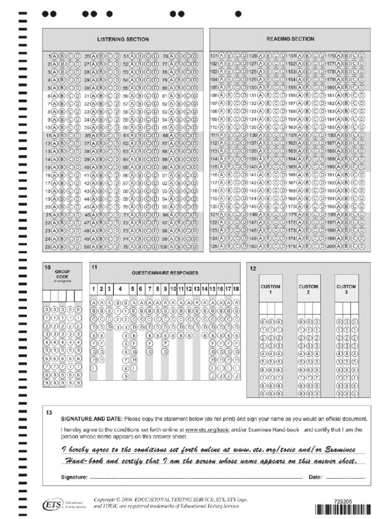 Answer Sheet Toeic | PDF