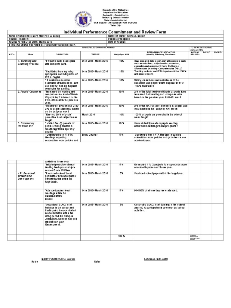 Individual Performance Commitment and Review Form | PDF | Lesson Plan ...