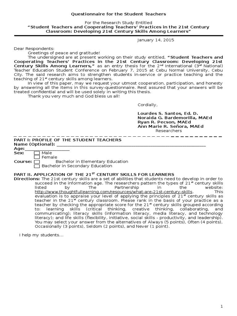 21st Century Questionnaire | PDF | Critical Thinking | Metacognition