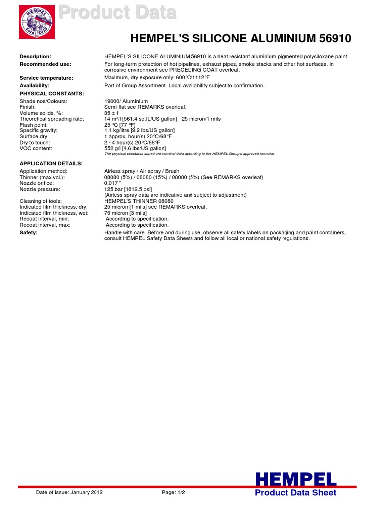 Pds Hempel's Silicone Aluminium 56910 En-Gb | PDF | Paint | Aluminium