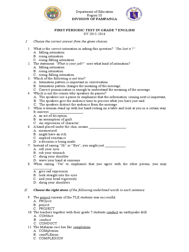 Grade 7 English First Periodic Test | PDF | Ellipsis | Punctuation