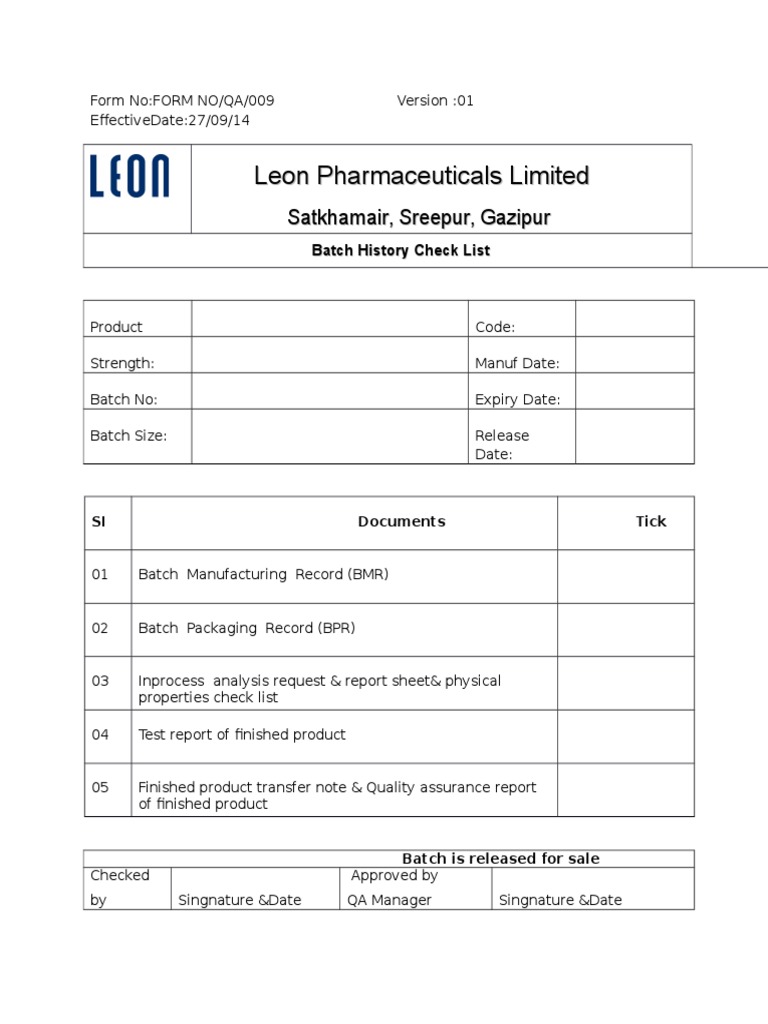 Batch History Check List 1 | PDF