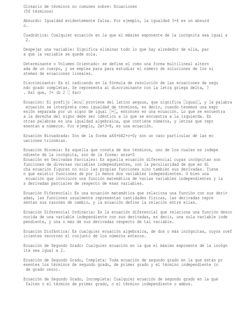 Glosario Terminos Ecuaciones | PDF | Ecuaciones | Variable (Matemáticas) Glosario Terminos Ecuaciones | PDF | Ecuaciones | Variable (Matemáticas)