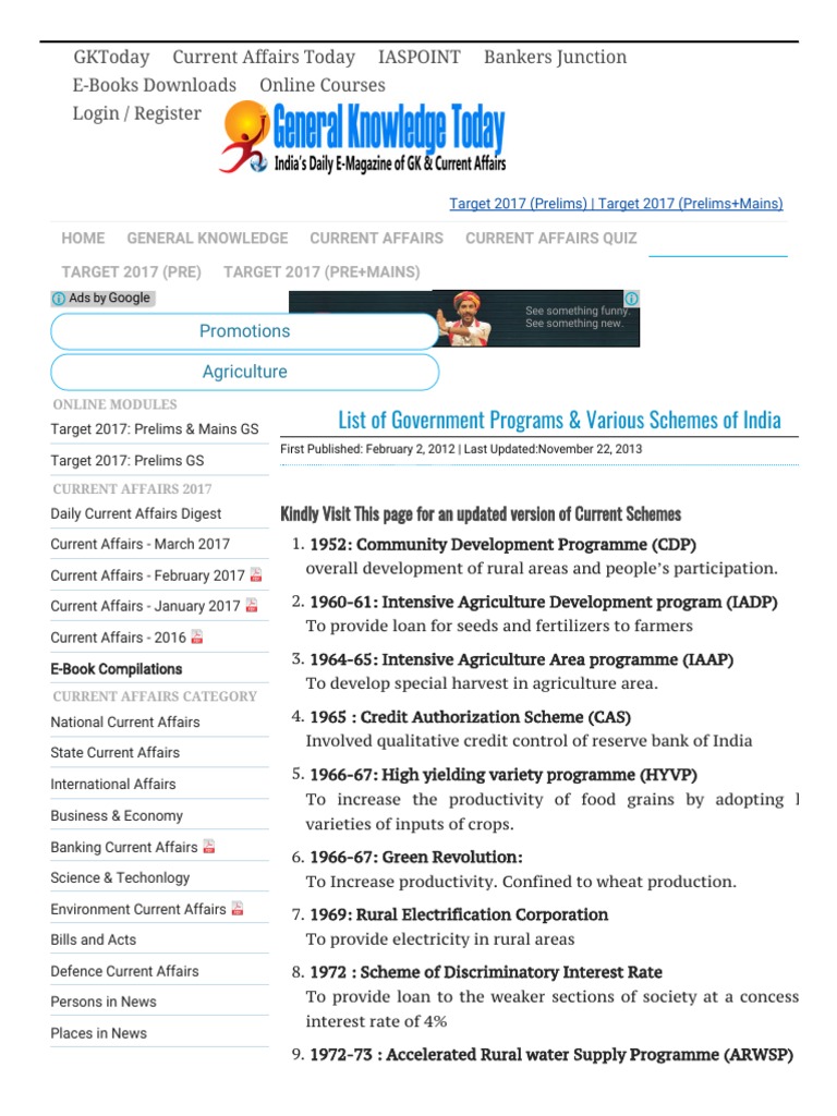 List of Government Programs & Various Schemes of India - General ...