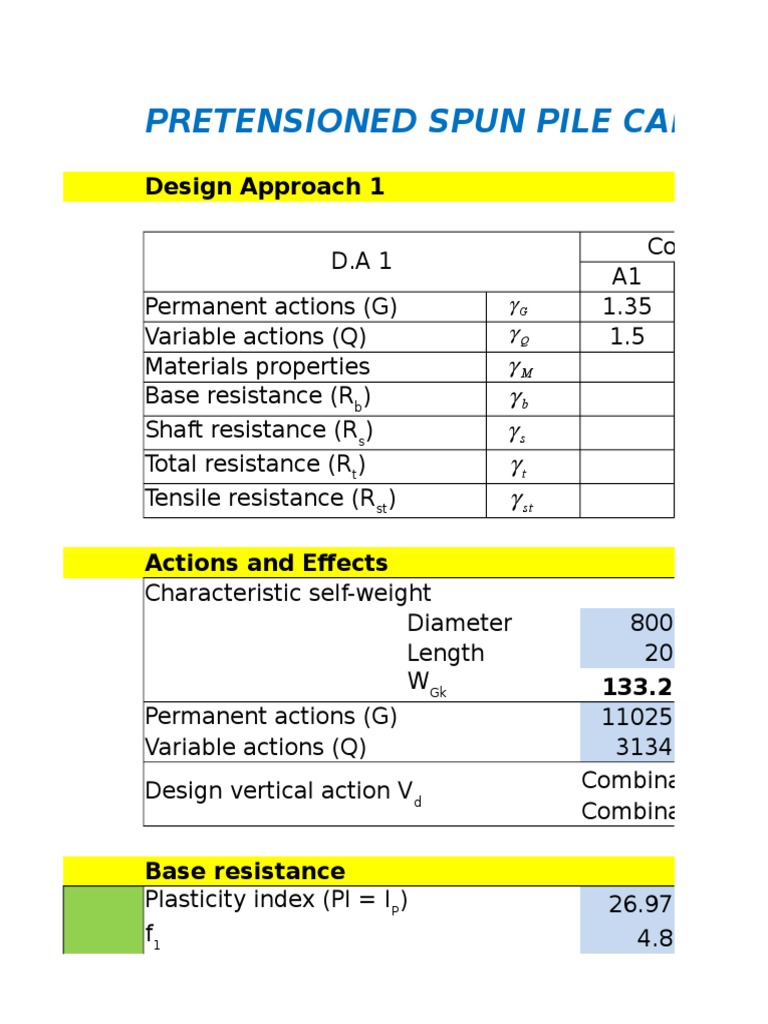 Pretensioned Spun Pile Calculation Sheet: Design Approach 1 | PDF ...