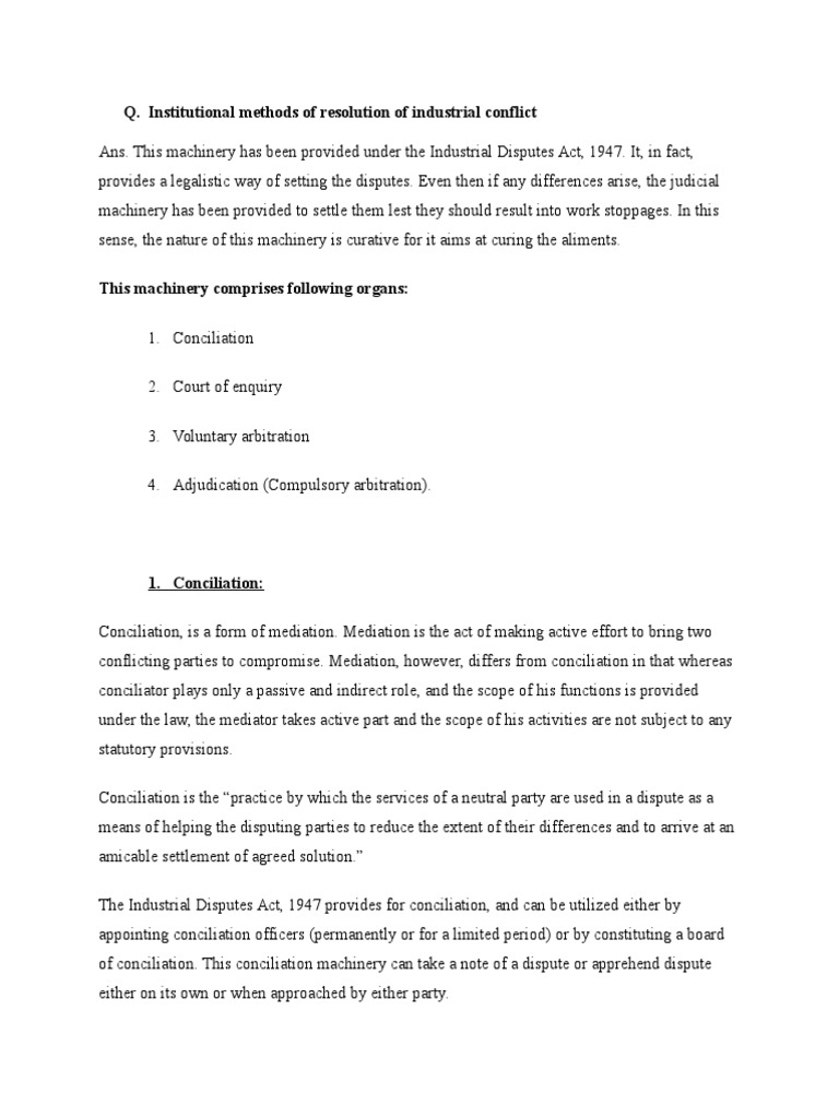 Q. Institutional Methods of Resolution of Industrial Conflict | PDF ...