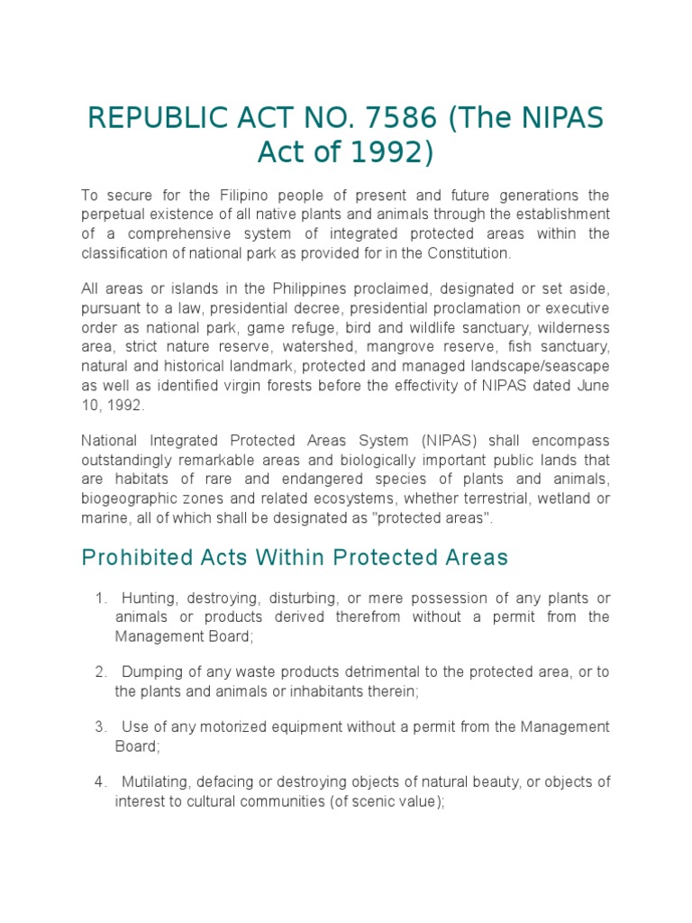 NIPAS Act of 1992 Overview | PDF | Protected Area | Adverse Possession