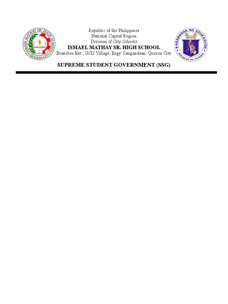 Supreme Student Government (SSG) : Ismael Mathay Sr. High School | PDF