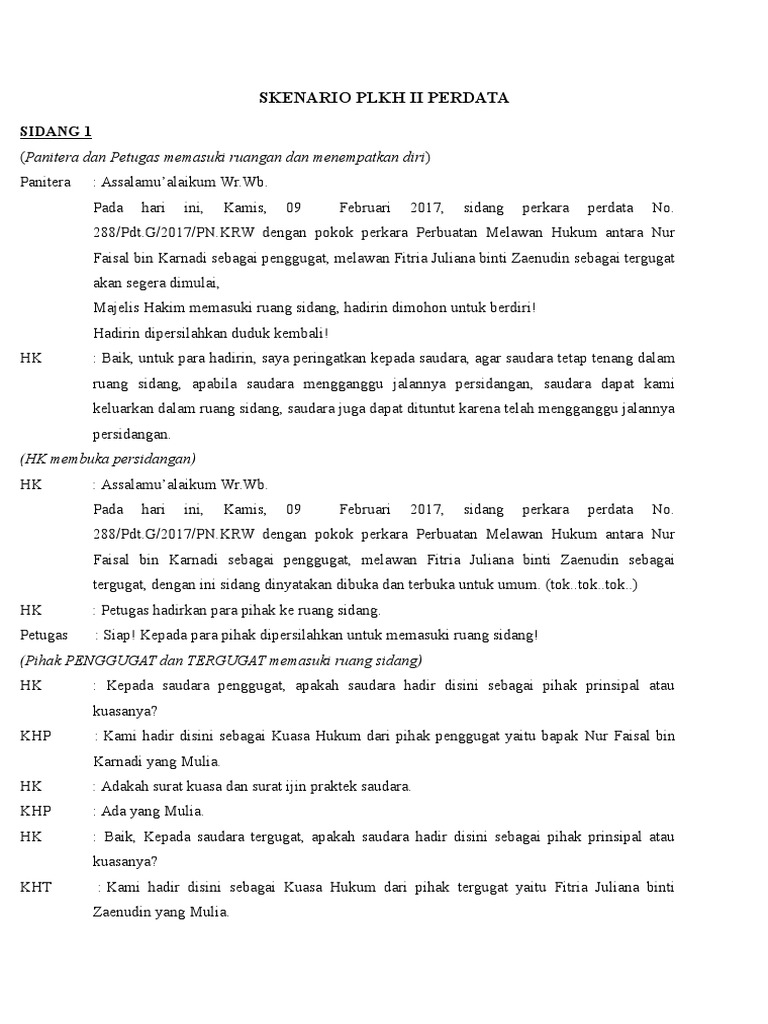Skenario PLKH II Perdata Sidang 1 | PDF