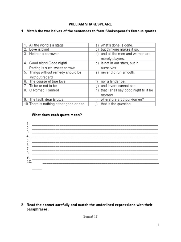 Shakespeare Worksheet | PDF | English Poetry | British Poems
