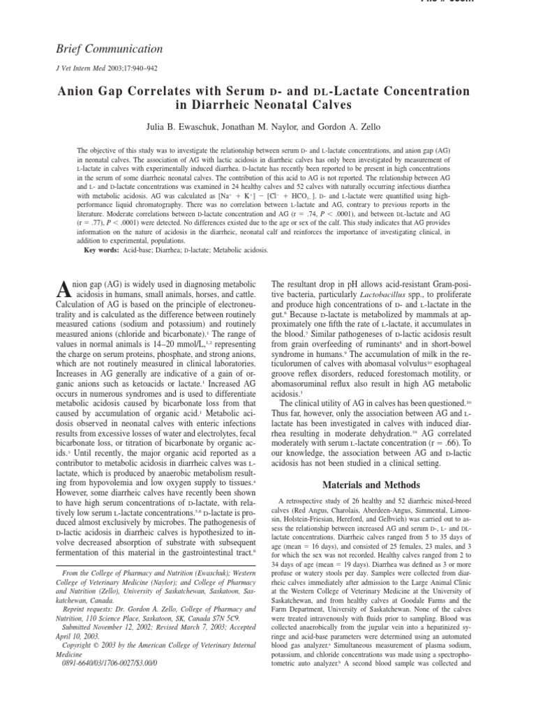 Anion Gap Correlates With Serum D and DL Lactate Concentration in ...