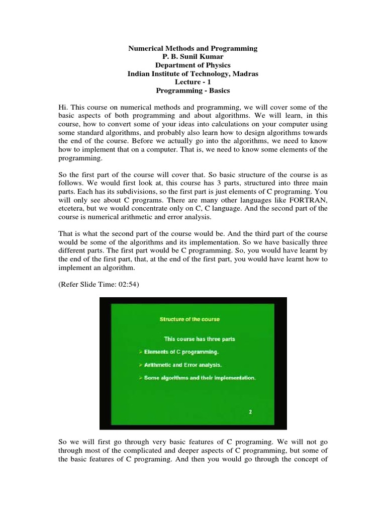 Numerical Methods and Programming P. B. Sunil Kumar Department of Physics Indian Institute of ...