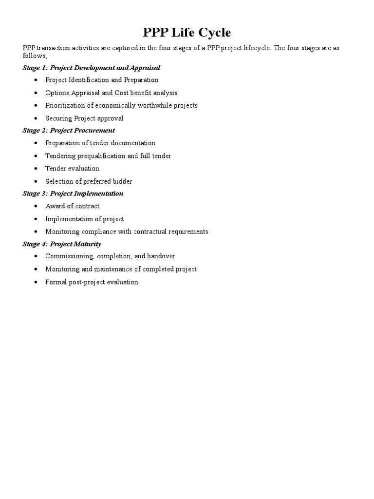 PPP Life Cycle: Stage 1: Project Development and Appraisal | PDF ...