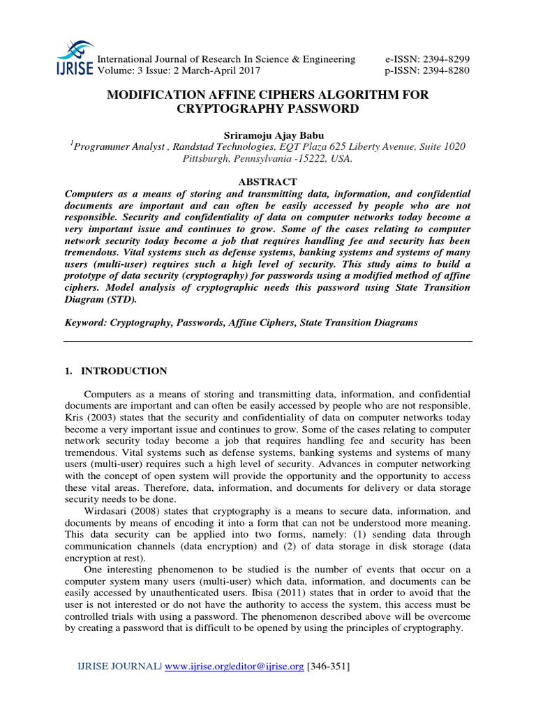 Modification Affine Ciphers Algorithm For Cryptography Password | PDF | Cryptography | Cipher